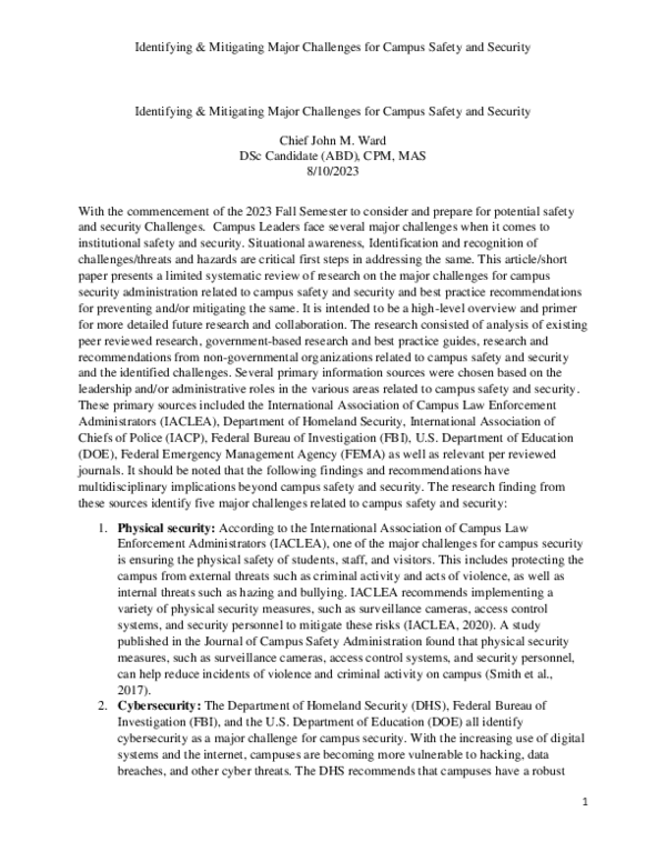 (PDF) Identifying & Mitigating Major Challenges for Campus Safety and ...
