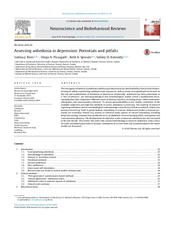 (PDF) Assessing anhedonia in depression: Potentials and pitfalls (PDF) Assessing anhedonia in depression: Potentials and pitfalls