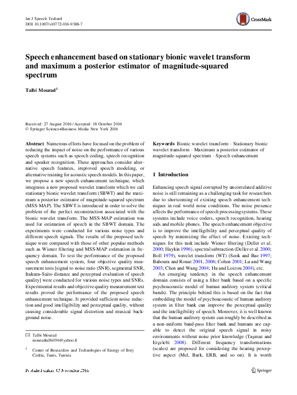 (PDF) Speech enhancement based on stationary bionic wavelet transform ...