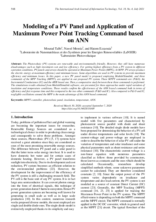 Pdf Modeling Of A Pv Panel And Application Of Maximum Power Point Tracking Command Based On Ann