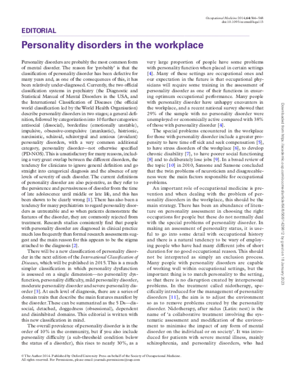(PDF) Personality disorders in the workplace