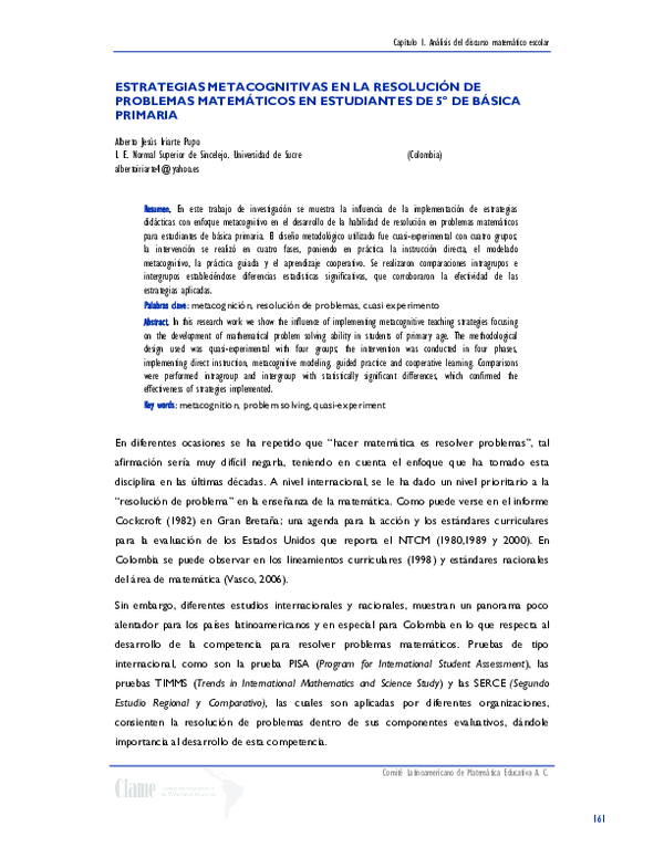 (PDF) Estrategias metacognitivas en la resolucion de problemas matematicos
