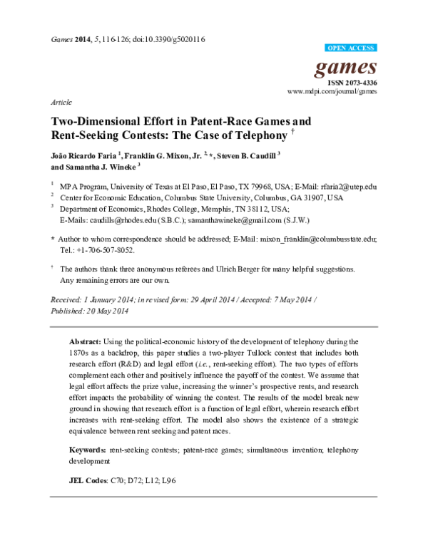 (PDF) Article Two-Dimensional Effort in Patent-Race Games and Rent ...