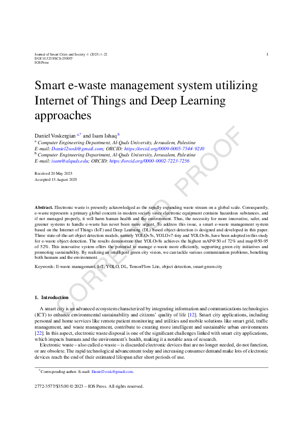(PDF) Smart e-waste management system utilizing Internet of Things and Deep Learning approaches