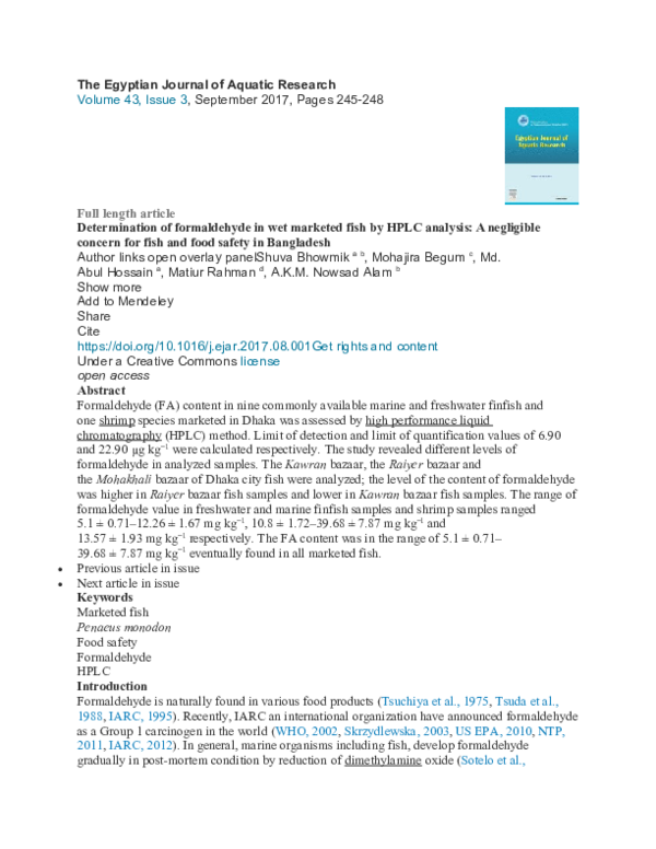 (DOC) Determination of formaldehyde in wet marketed fish by HPLC analysis