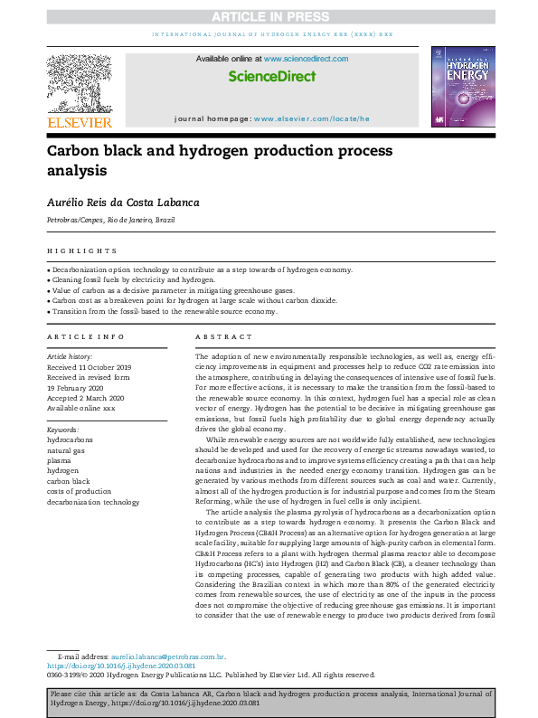 (PDF) Carbon black and hydrogen production process analysis