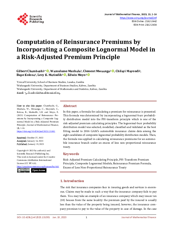 (PDF) Reinsurance Premium Calculation with Lognormal Model