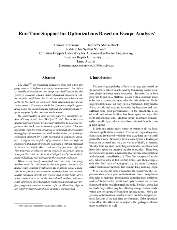 Pdf Run Time Support For Optimizations Based On Escape Analysis 5796