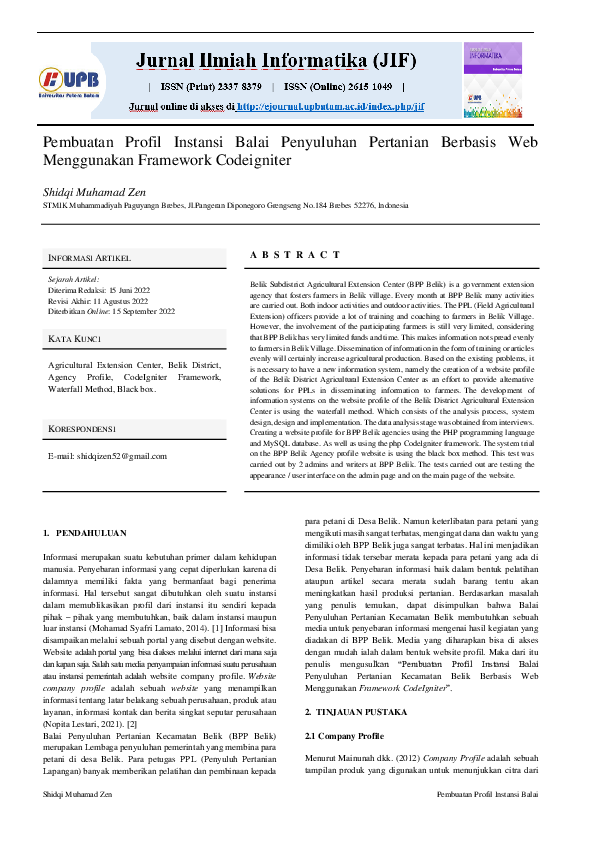 (PDF) Pembuatan Profil Instansi Balai Penyuluhan Pertanian Kecamatan Belik Berbasis Web ...