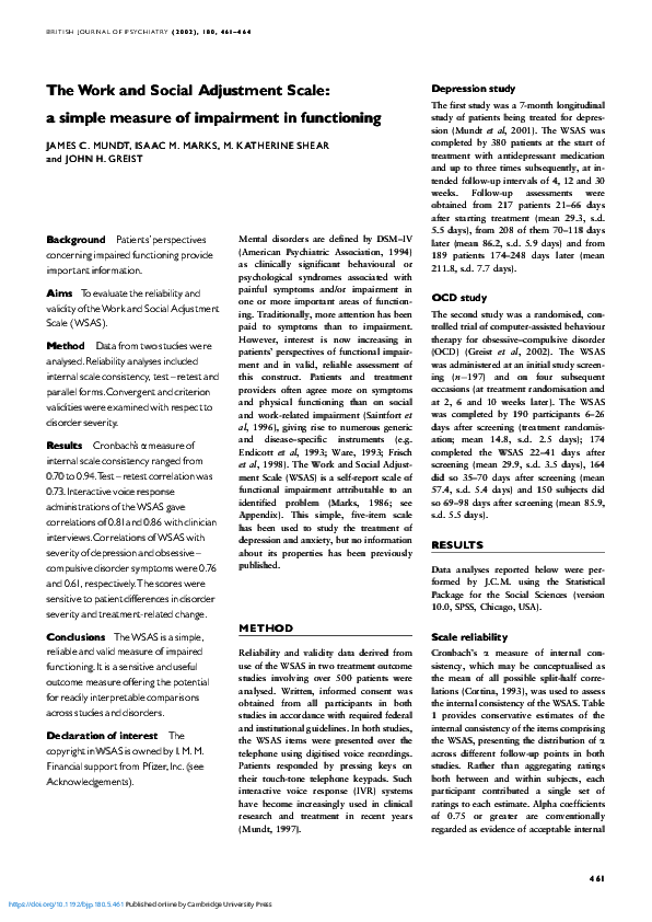 (PDF) The Work and Social Adjustment Scale: a simple measure of ...