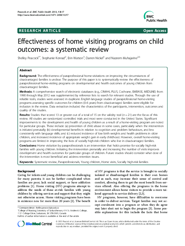 (PDF) Effectiveness of home visiting programs on child outcomes: a ...