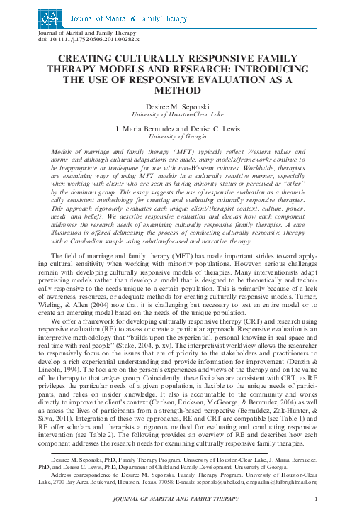 (PDF) Creating Culturally Responsive Family Therapy Models and Research: Introducing the Use of ...