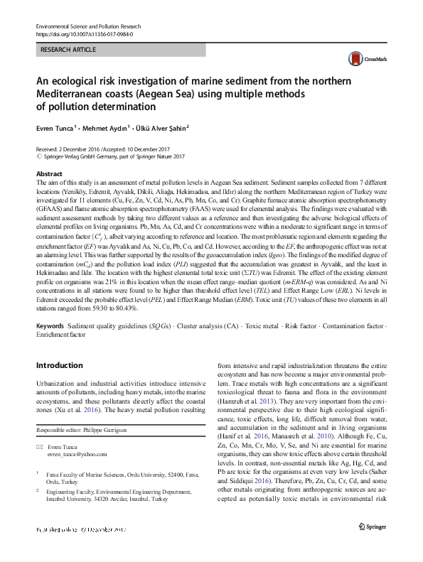 (PDF) An ecological risk investigation of marine sediment from the ...