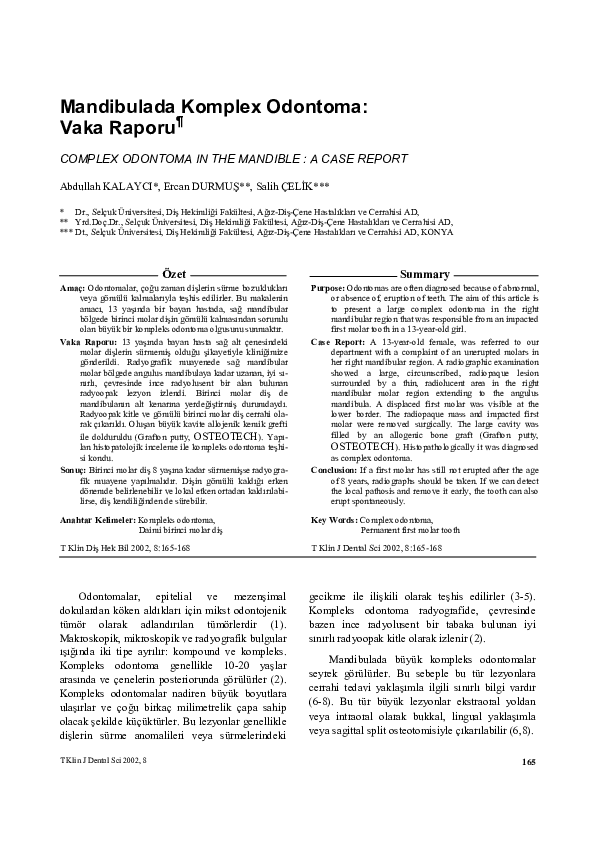 (PDF) Mandibulada Komplex Odontoma: Vaka Raporu