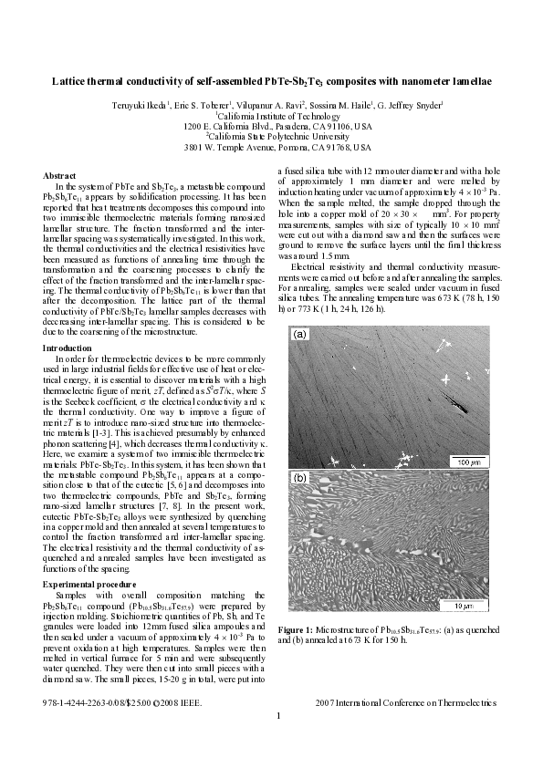 (PDF) Lattice thermal conductivity of self-assembled PbTe-Sb 2 Te 3 ...