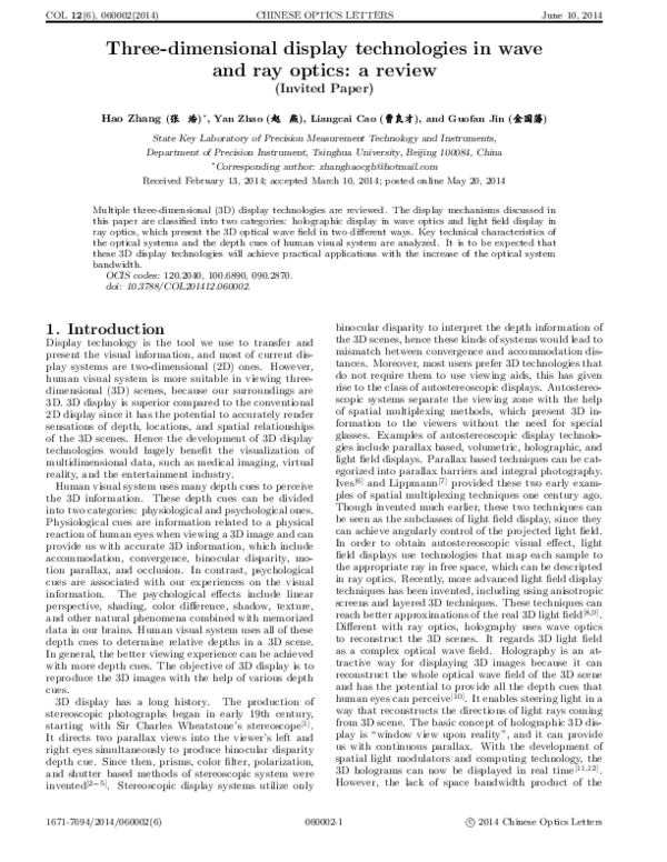 (PDF) Three-dimensional display technologies in wave and ray optics: a review (Invited Paper)