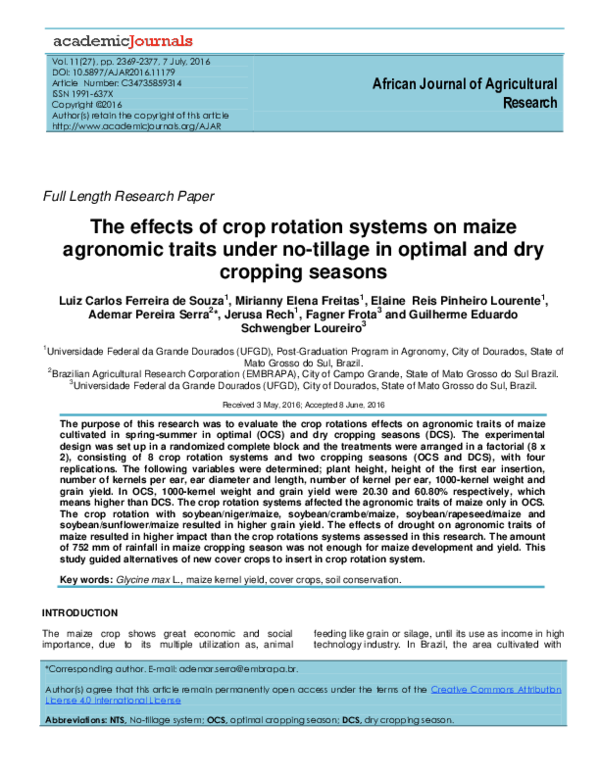 (PDF) The effects of crop rotation systems on maize agronomic traits under no-tillage in optimal ...