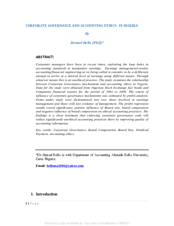 (PDF) Corporate Governance and Accounting Ethics in Nigeria