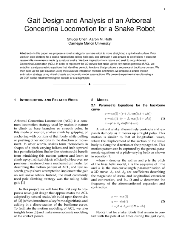 (PDF) Gait Design and Analysis of an Arboreal Concertina Locomotion for a Snake Robot | Shuoqi ...
