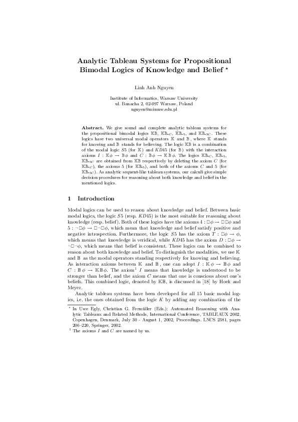(PDF) Analytic Tableau Systems for Propositional Bimodal Logics of Knowledge and Belief