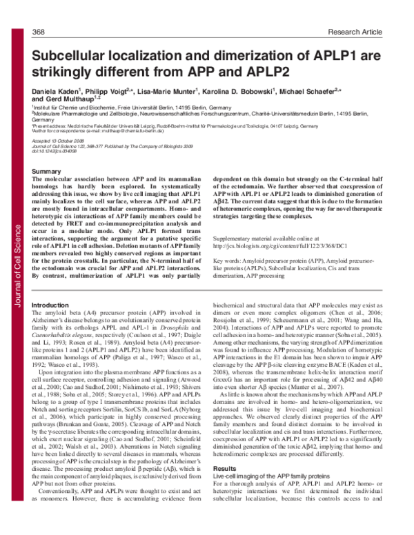(PDF) Subcellular localization and dimerization of APLP1 are strikingly ...