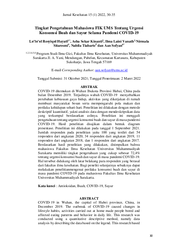 (PDF) Tingkat Pengetahuan Mahasiswa Fakultas Ilmu Kesehatan Universitas Muhammadiyah Surakarta ...