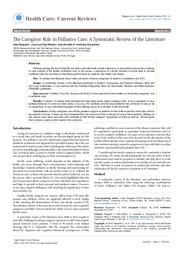 (PDF) The Caregiver Role in Palliative Care: A Systematic Review of the ...