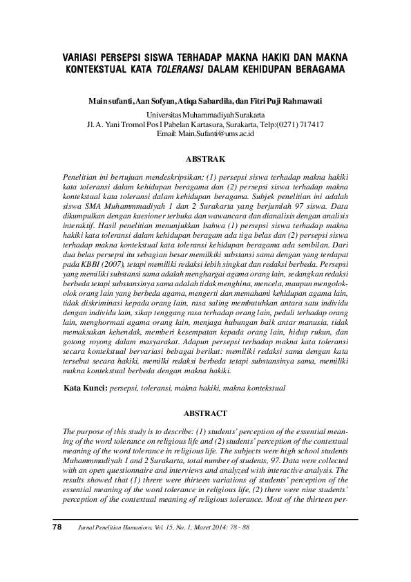 (PDF) Variasi Persepsi Siswa Terhadap Makna Hakiki Dan Makna Kontekstual Kata Toleransi Dalam ...