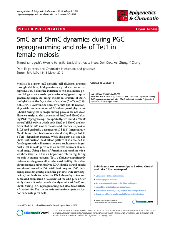 (PDF) 5mC and 5hmC dynamics during PGC reprogramming and role of Tet1 in female meiosis