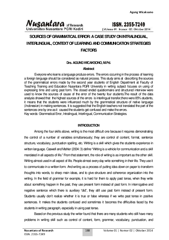 (PDF) Sources of Grammatical Error: A Case Study on Intralingual, Interlingual, Context of ...