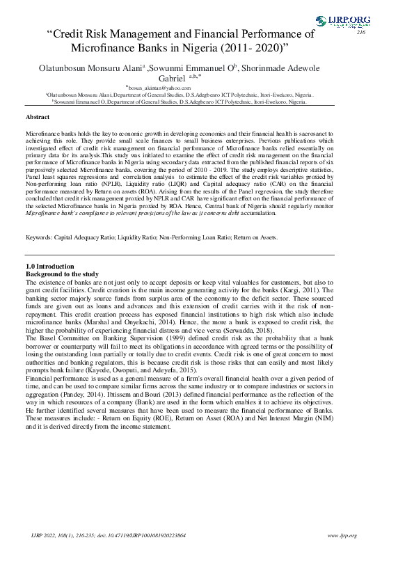 (PDF) Credit Risk Management and Financial Performance of Microfinance ...