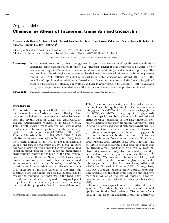 (PDF) Chemical synthesis of tricaproin, trienantin and tricaprylin