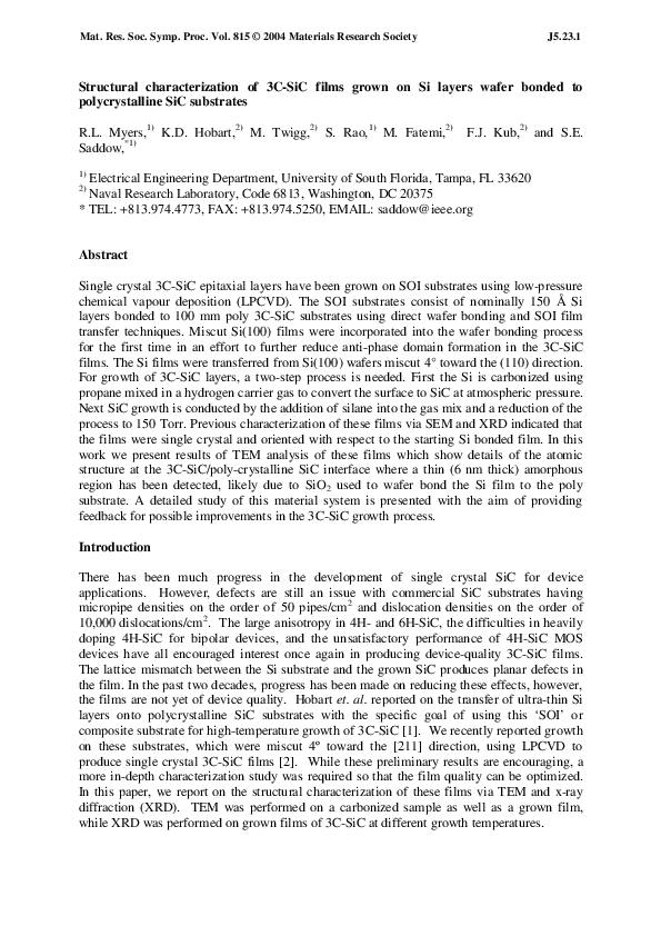 (PDF) Structural characterization of 3C-SiC films grown on Si layers wafer bonded to ...