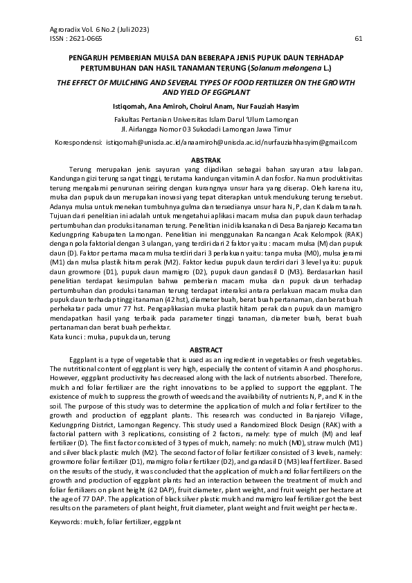 (PDF) PENGARUH PEMBERIAN MULSA DAN BEBERAPA JENIS PUPUK DAUN TERHADAP PERTUMBUHAN DAN HASIL ...