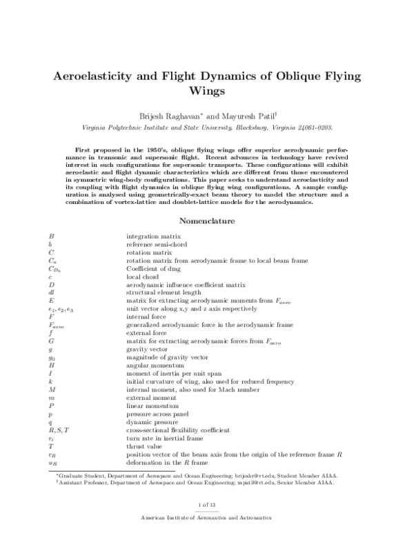 (PDF) Aeroelasticity and Flight Dynamics of Oblique Flying Wings