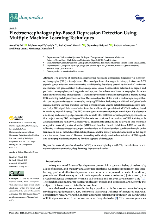 Pdf Electroencephalography Based Depression Detection Using Multiple Machine Learning Techniques