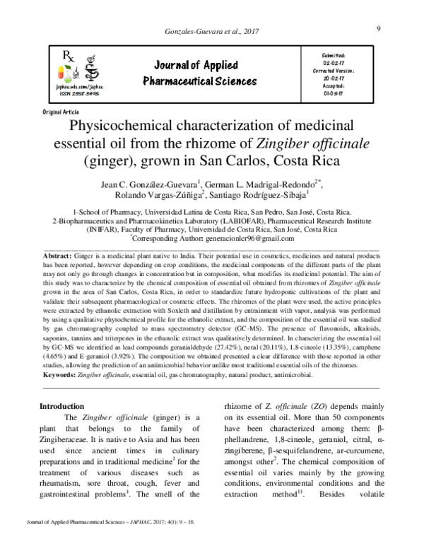 (PDF) Physicochemical characterization of medicinal essential oil from the rizome of Zingiber ...