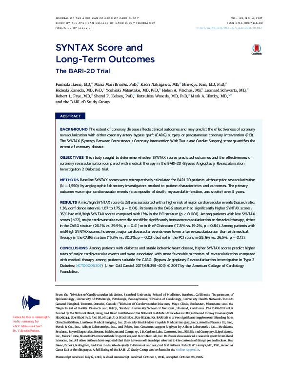 (PDF) SYNTAX Score and Long-Term Outcomes: The BARI-2D Trial | Carlos ...