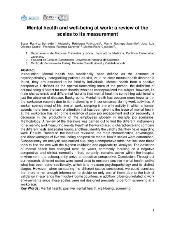 (PDF) Mental Health and Well-being at Work: A Review of the Scales to ...