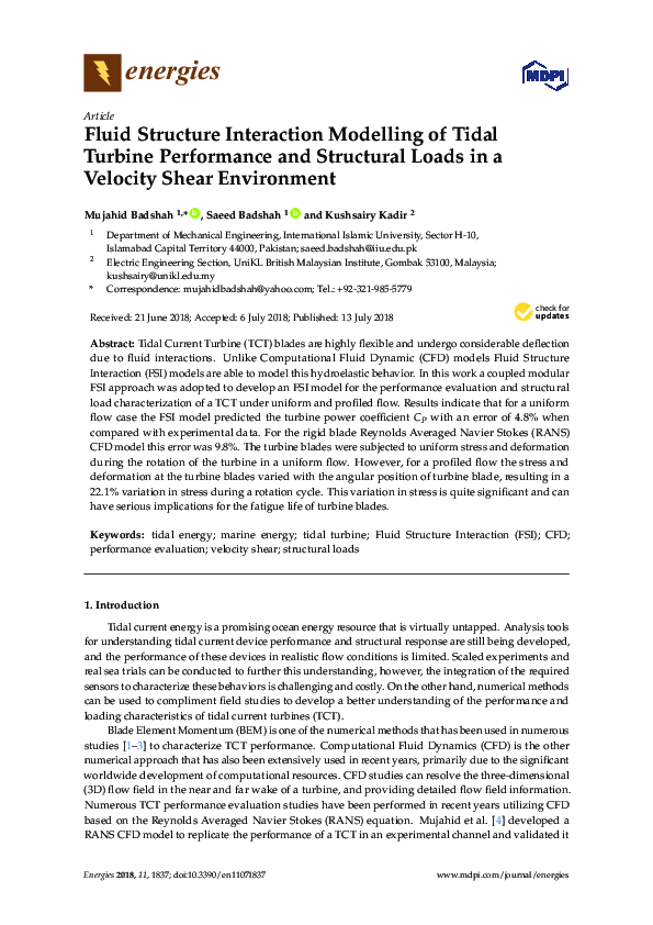 (PDF) Fluid Structure Interaction Modelling of Tidal Turbine Performance and Structural Loads in ...