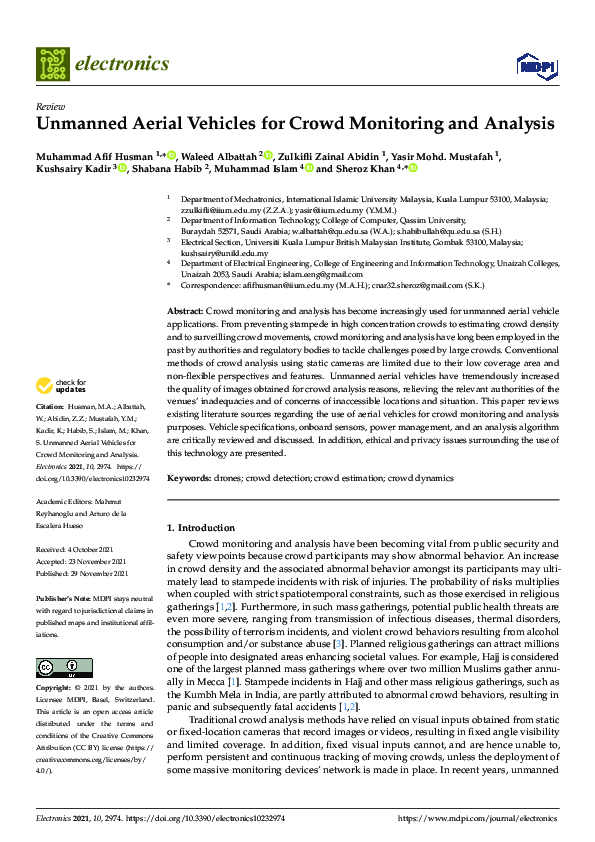 (PDF) Unmanned Aerial Vehicles for Crowd Monitoring and Analysis