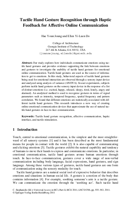 Pdf Tactile Hand Gesture Recognition Through Haptic Feedback For Affective Online