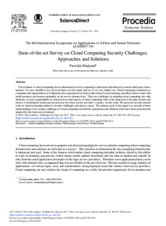 (PDF) State-of-the-art Survey on Cloud Computing Security Challenges, Approaches and Solutions ...