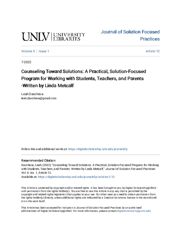 (PDF) Counseling Toward Solutions: A Practical, Solution-Focused Program for Working With ...