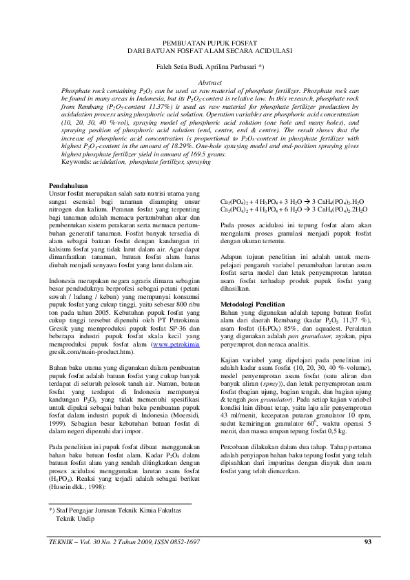 (PDF) Pembuatan Pupuk Fosfat Dari Batuan Fosfat Alam Secara Acidulasi