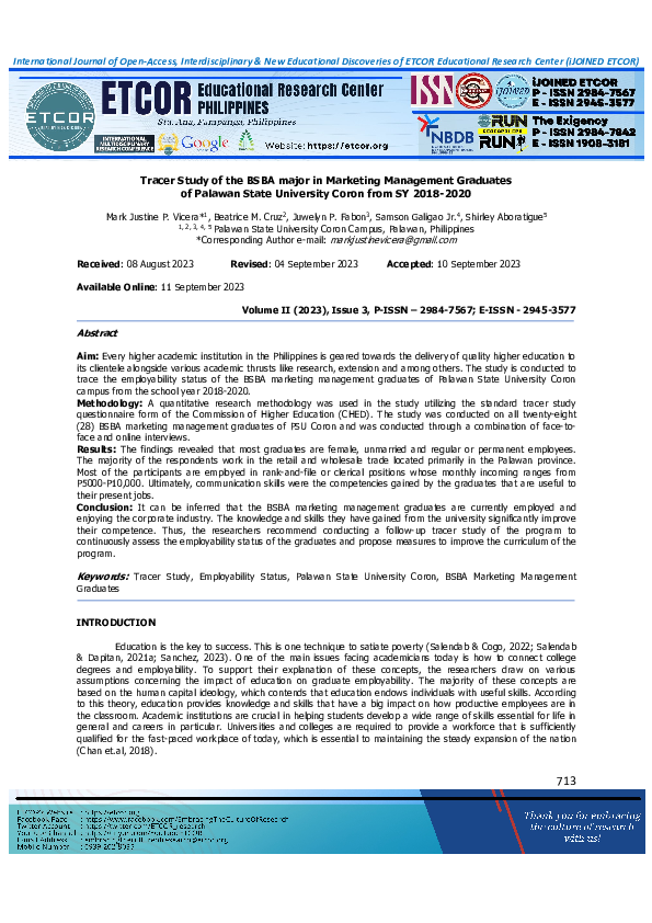 (PDF) Tracer Study of the BSBA major in Marketing Management Graduates ...