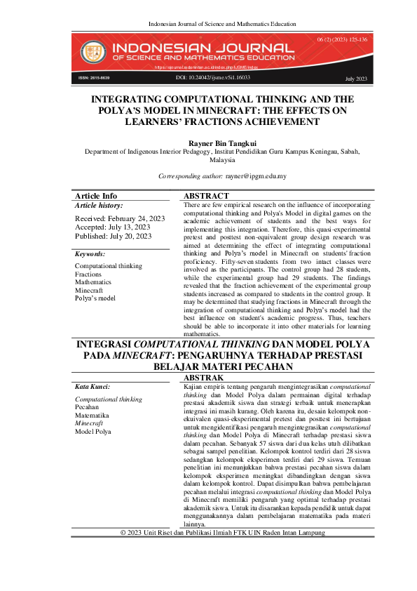 (PDF) Integrating Computational Thinking and The Polya’s Model In Minecraft: The Effects on ...