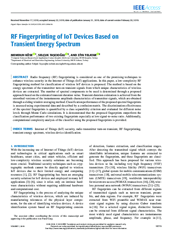 (PDF) RF Fingerprinting of IoT Devices Based on Transient Energy Spectrum