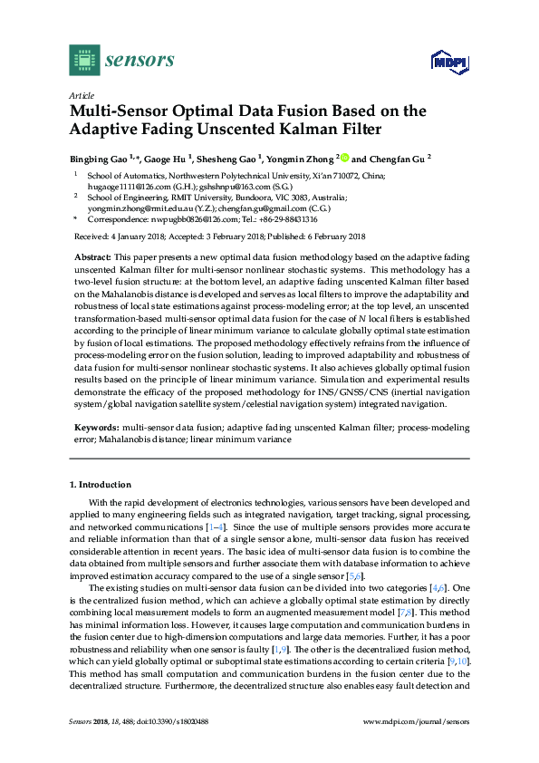 (PDF) Multi-Sensor Optimal Data Fusion Based on the Adaptive Fading Unscented Kalman Filter