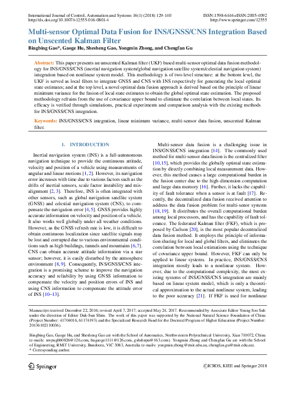 Pdf Multi Sensor Optimal Data Fusion For Insgnsscns Integration Based On Unscented Kalman Filter